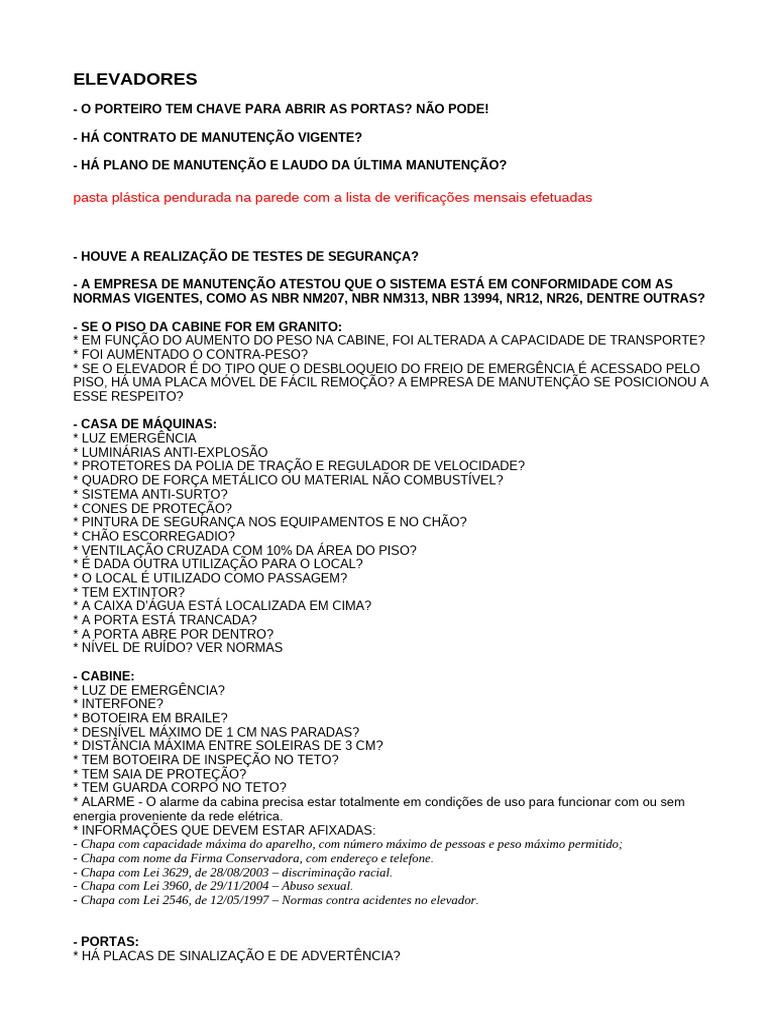 Check List Elevadores | PDF