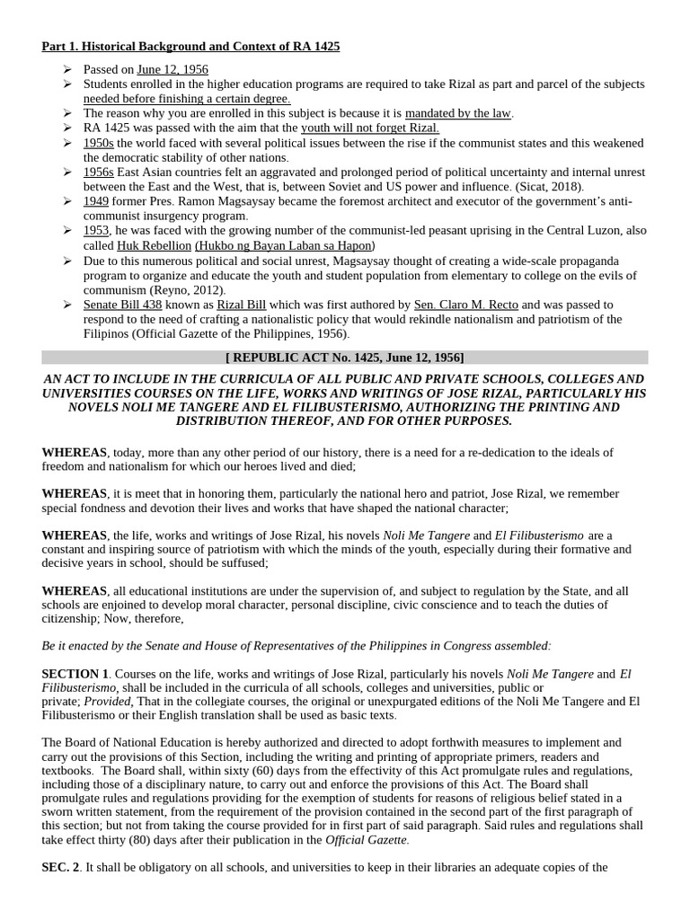 Historical Context of RA 1425 | PDF | Separation Of Church And State ...
