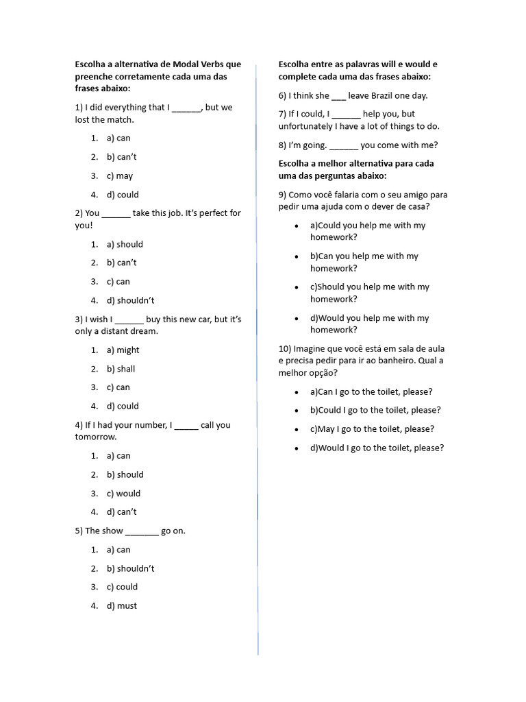 Modal Verbs Exercise for English Learners | PDF