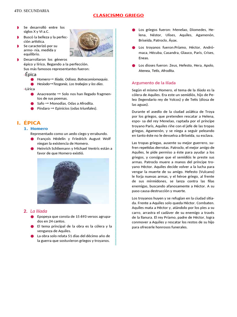 Clasicismo Griego para Cuarto Grado de Secundaria | PDF | Ilíada | Odiseo