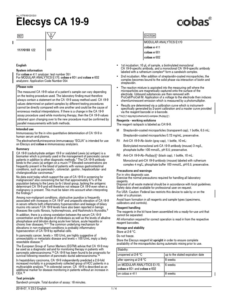 Elecsys CA 19-9: A) Tris (2,2'-Bipyridyl) Ruthenium (II) - Complex (Ru (Bpy) ) | PDF ...