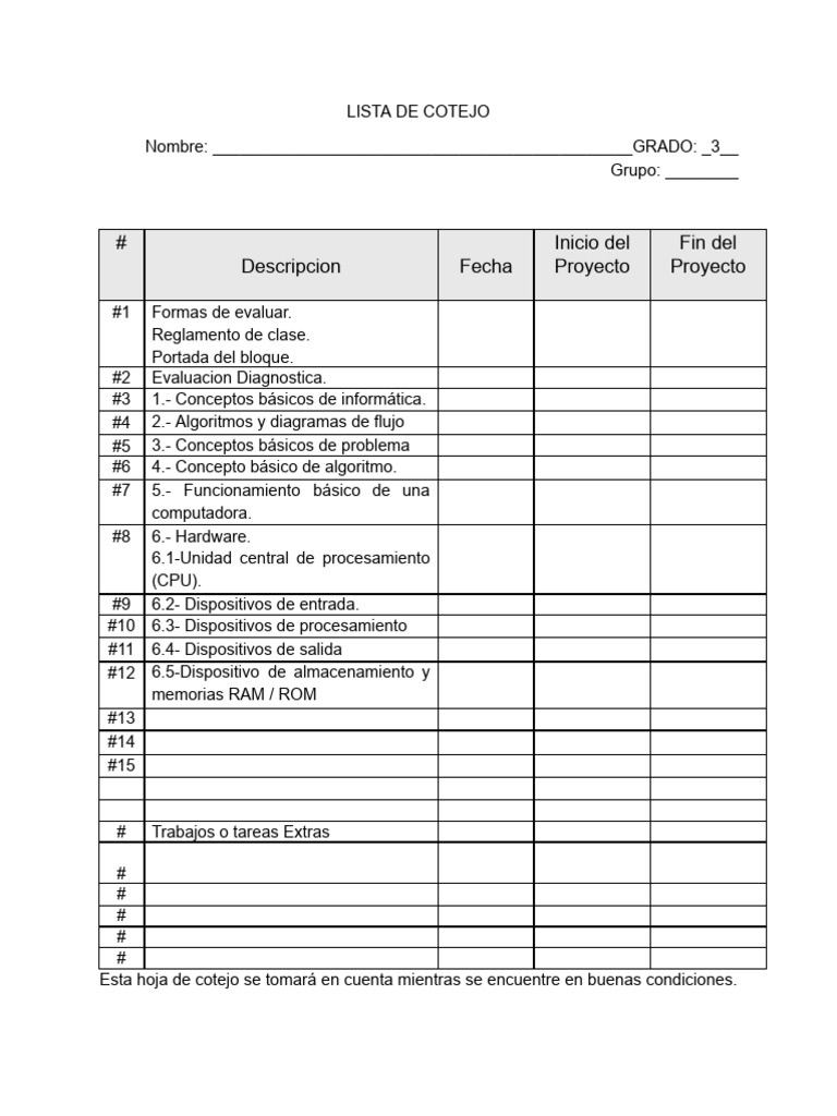 LISTA DE COTEJO 3 Secu | PDF