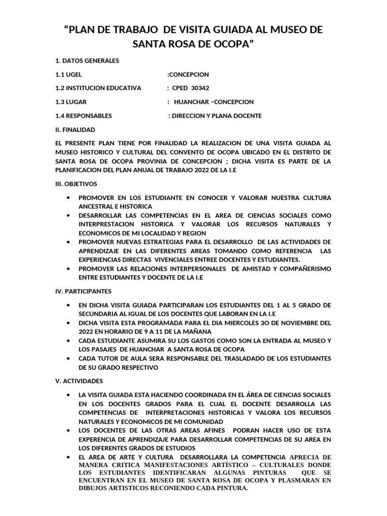 Plan De Trabajo De Visita Guiada Al Museo De Santa Rosa De Ocopa Pdf Maestros Modificación