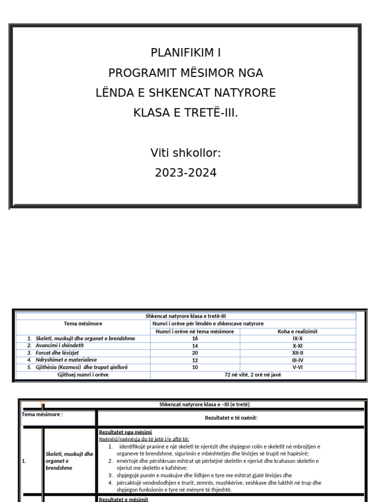SHKENCA NATYRORE PLAN GLOBAL DHE TEMATIK Kl. e III | PDF