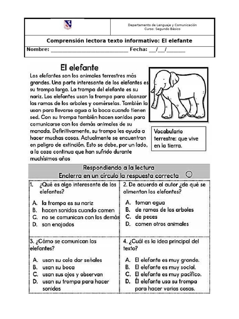 Comprensión Lectora: El Elefante | PDF