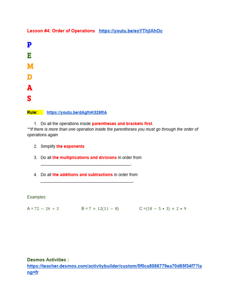 Lesson #4 Order of Operations : For the Sub. | PDF