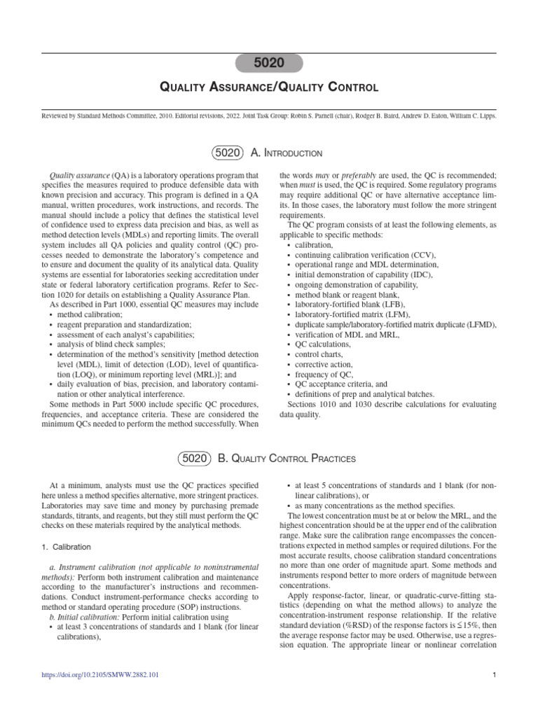 5020 QUALITY ASSURANCE, QUALITY CONTROL | PDF | Detection Limit | Metrology