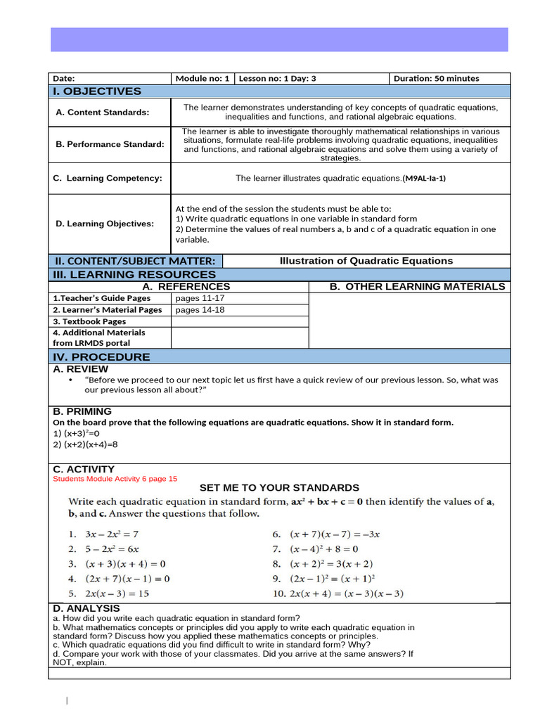 G9 Lp Module 1 Lesson 1 3 Illustration Of Quadratic Equation Pdf