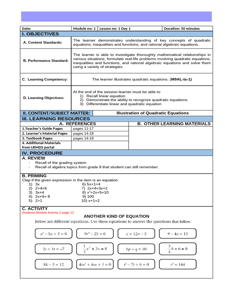 Grade 9 Quadratic Equation Lesson Plan | PDF | Equations | Learning