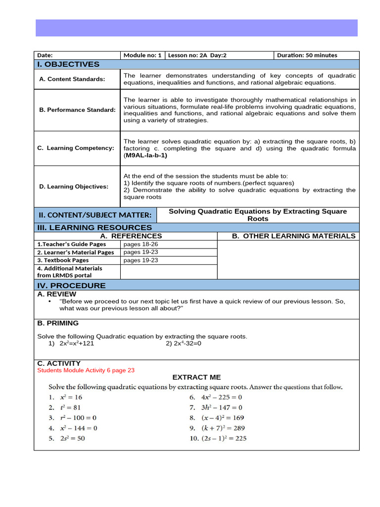 g9 LP Module 1 Lesson 2a.2 Solving Quadratic Equations by Extracting Square Roots | PDF ...