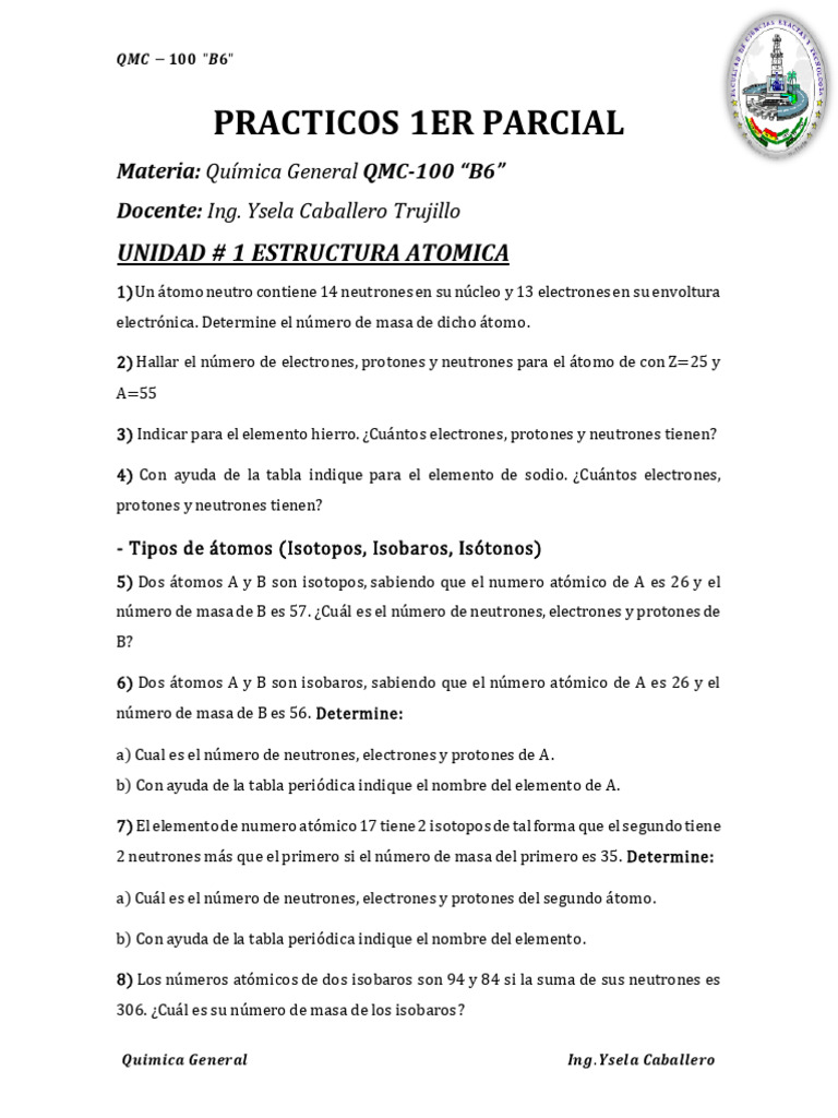 Practicos #1 QMC-100 B6 2-2024 | PDF | Neutrón | Átomos