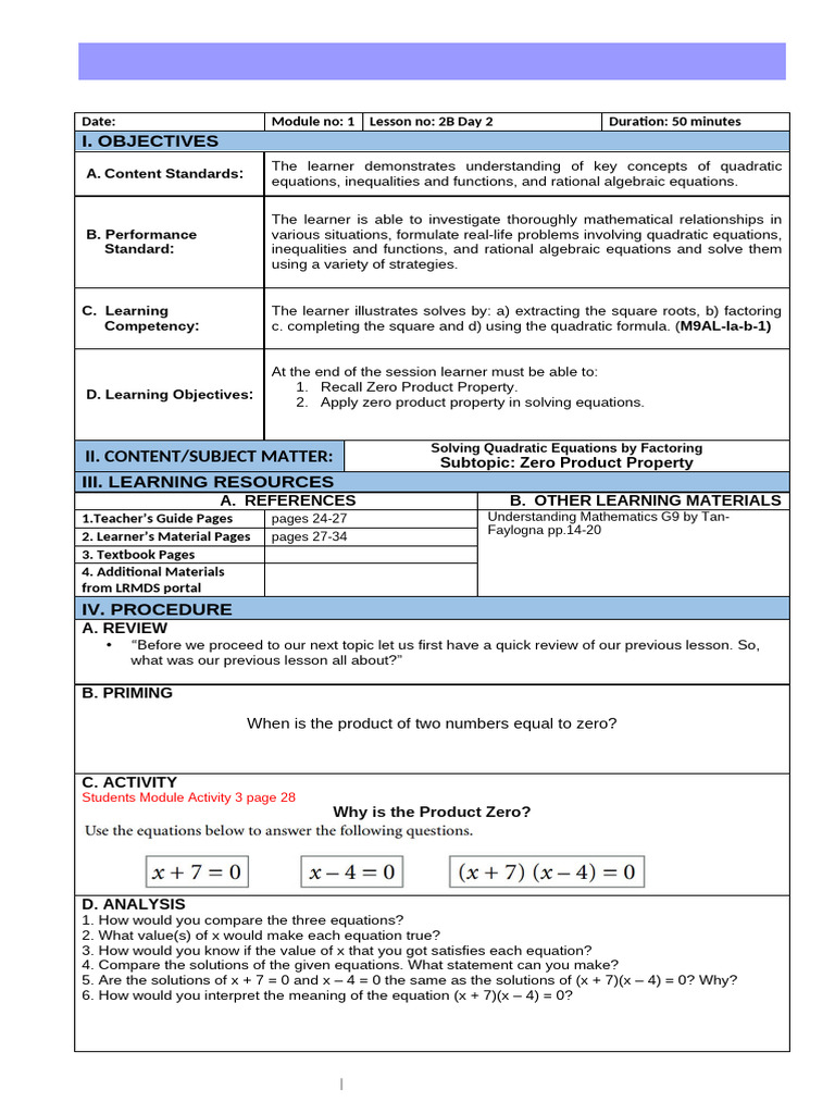 G9 LP Module 1 Lesson 2B.2 Zero Product Property Review | PDF ...