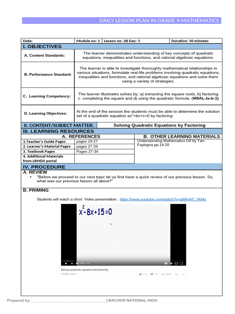 Quadratic Equations Lesson Plan | PDF | Quadratic Equation | Equations