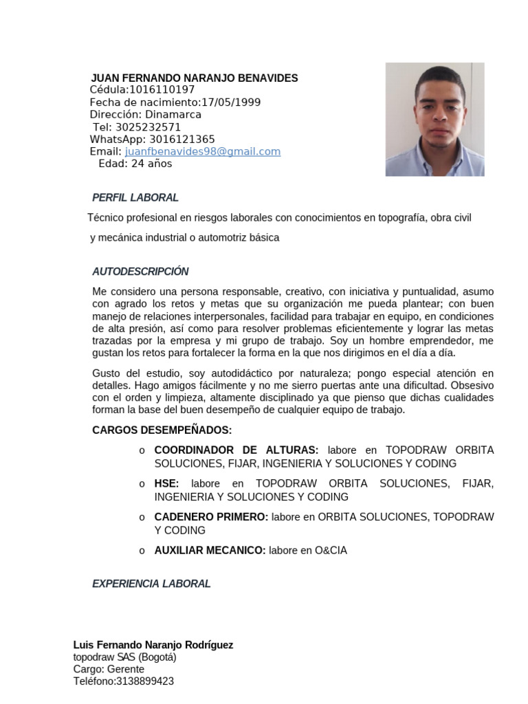 Hoja de Vida Juan Fernando Naranjo SST) | PDF