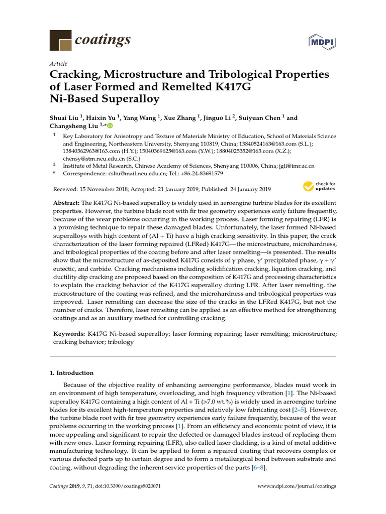 Cracking, Microstructure and Tribological Properties of Laser Formed and Remelted K417G Ni-Based ...