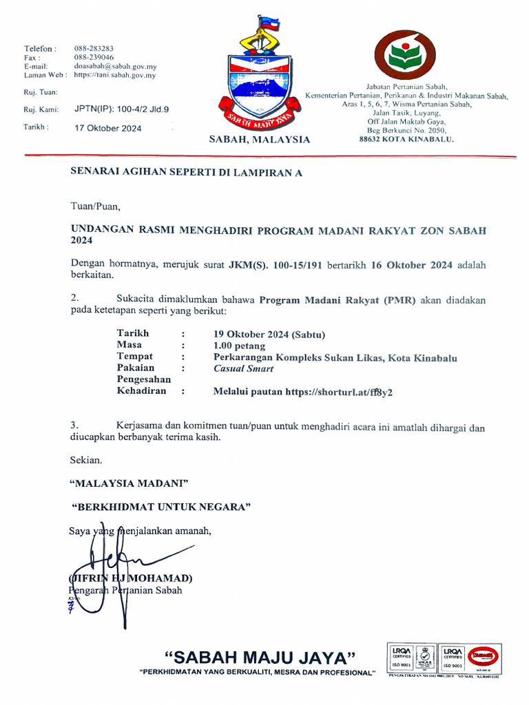 Surat Undangan Rasmi Menghadiri Program Madani Rakyat Zon Sabah Tahun 2024 | PDF