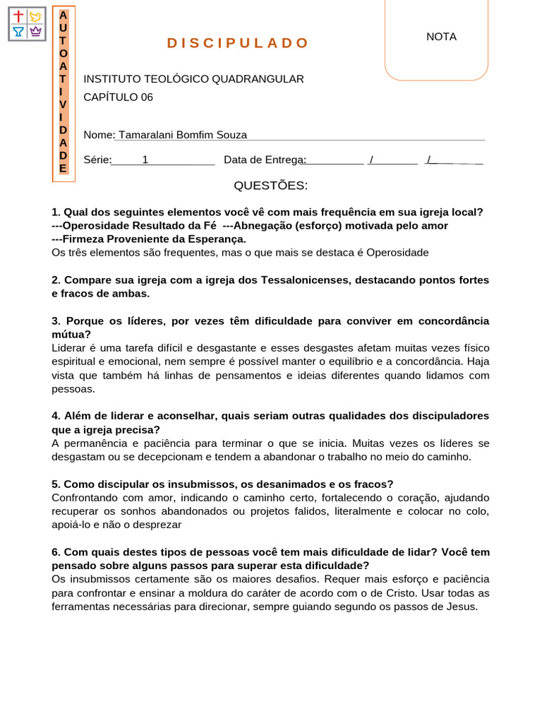 Autoatividade Discipulado Cap. 06 - Tham | PDF | Autoajuda