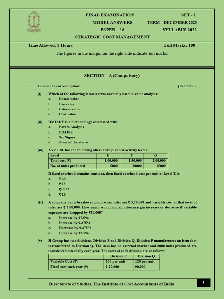 Paper16 Set1 Sol | PDF | Cost Accounting | Profit (Economics)