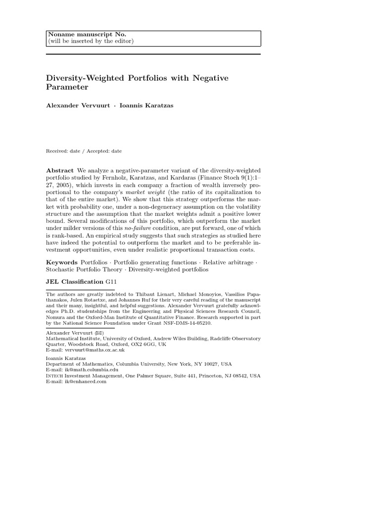 Diversity-Weighted Portfolios With Negative Parameter | PDF | Mathematics