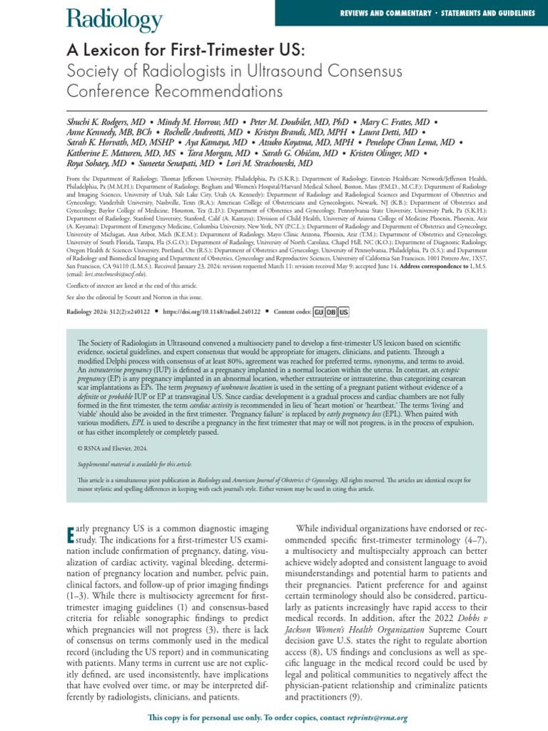 A Lexicon For First-Trimester US | PDF | Pregnancy | Human Chorionic ...