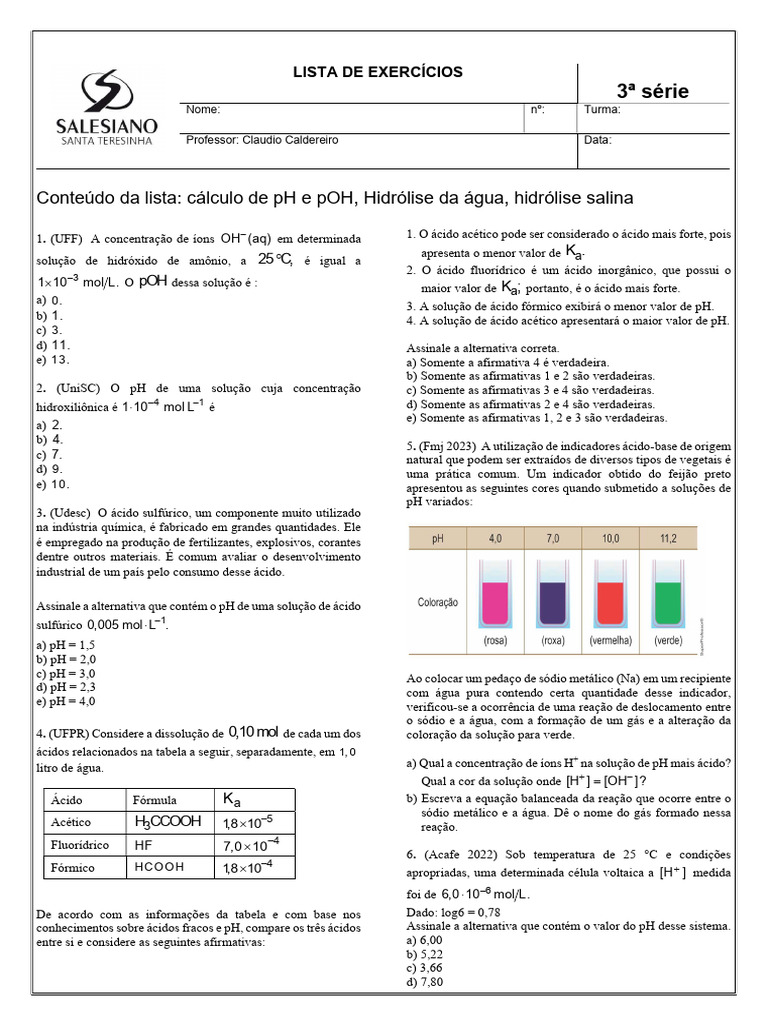 Lista de Exercícios de PH, pOH e Hidrólise Salina | PDF | Ph | Ácido