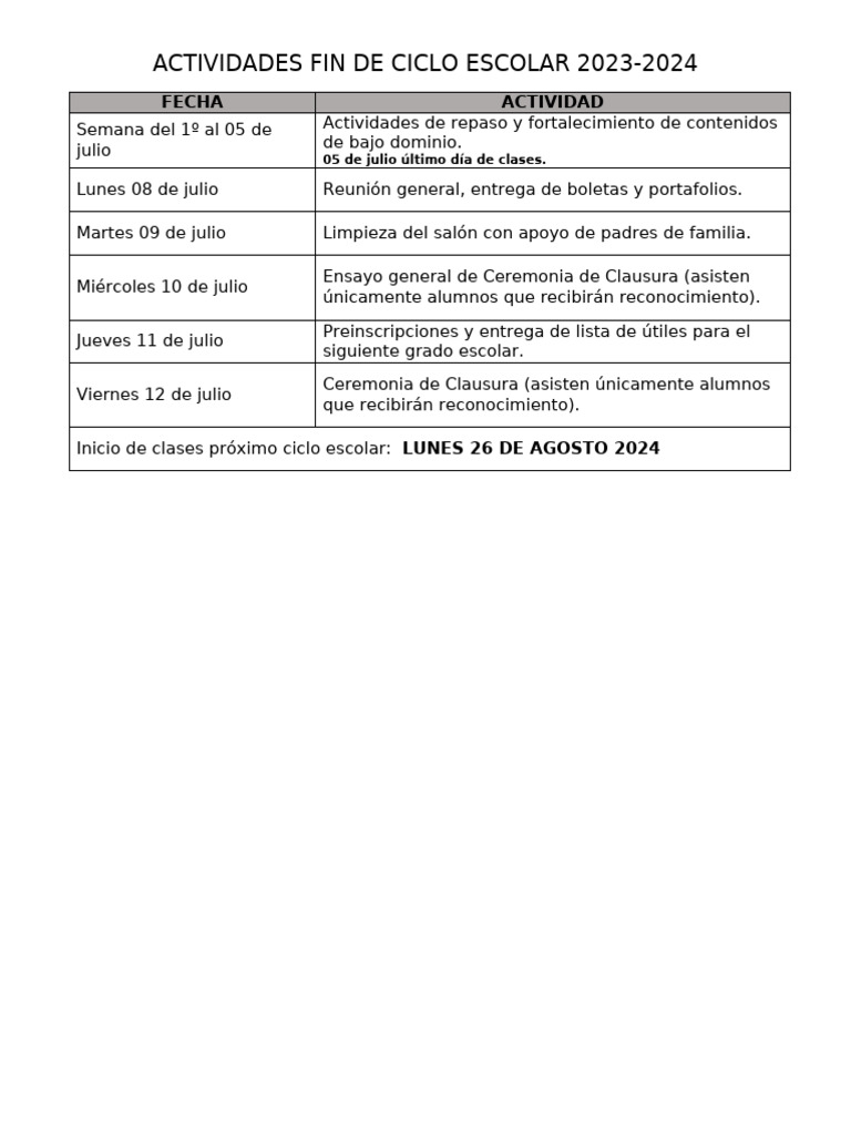 Actividades Fin de Ciclo Escolar 2023 | PDF