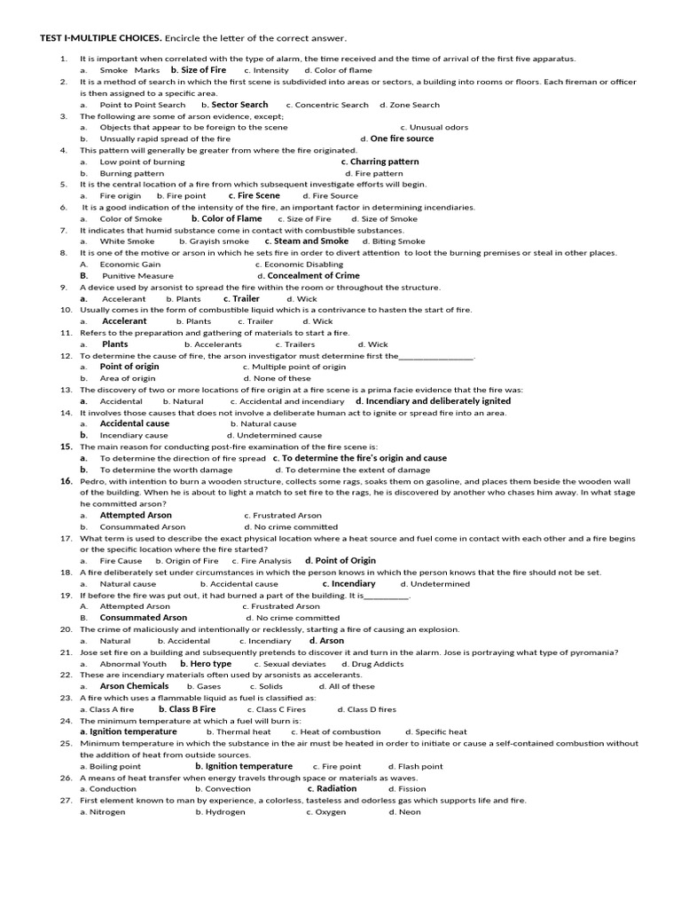 Arson Investigation Test Questions | PDF | Fires | Combustion
