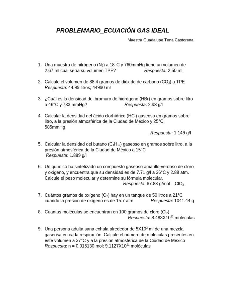 PROBLEMARIO - Gas Ideal | PDF | Gases | Oxígeno