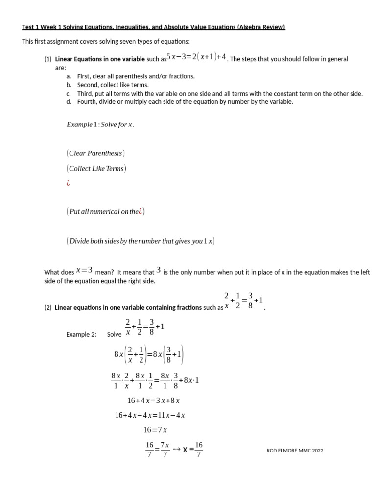 1-1 MAT 124 - Test 1 Week 1 Solving Equations, Inequalities, Absolute ...