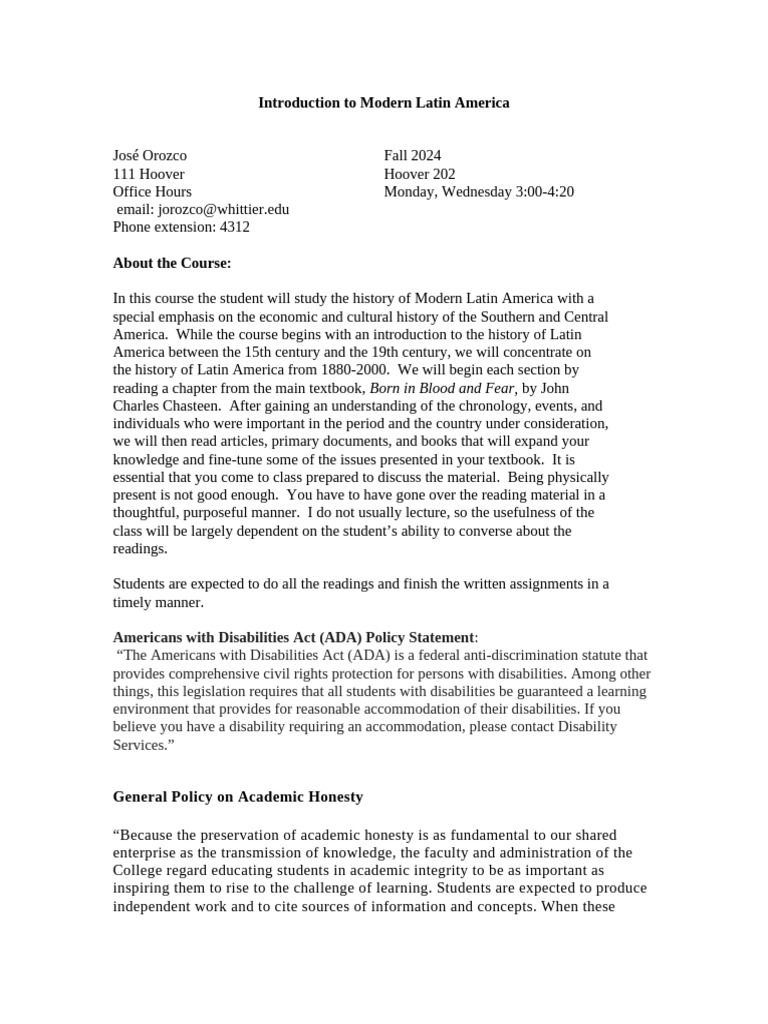 Introduction To Modern Latin America Fall 2024 1 | PDF | Academic ...