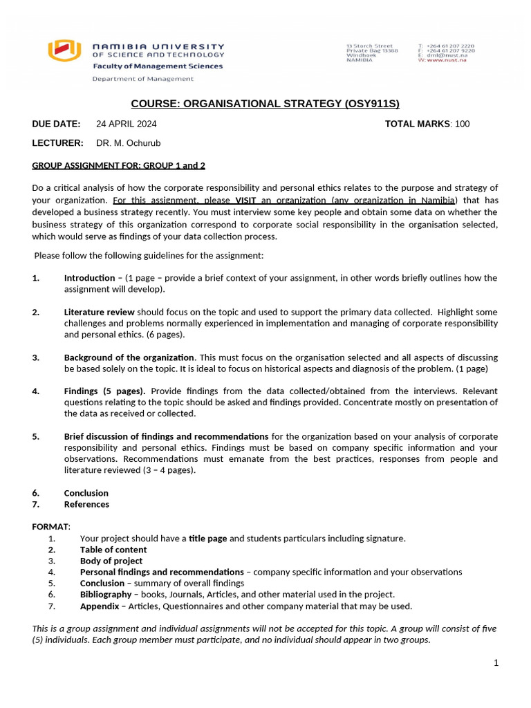 2024 GROUP Assignment & Marking Criteria OSY 911S | PDF | Data | Strategic Management