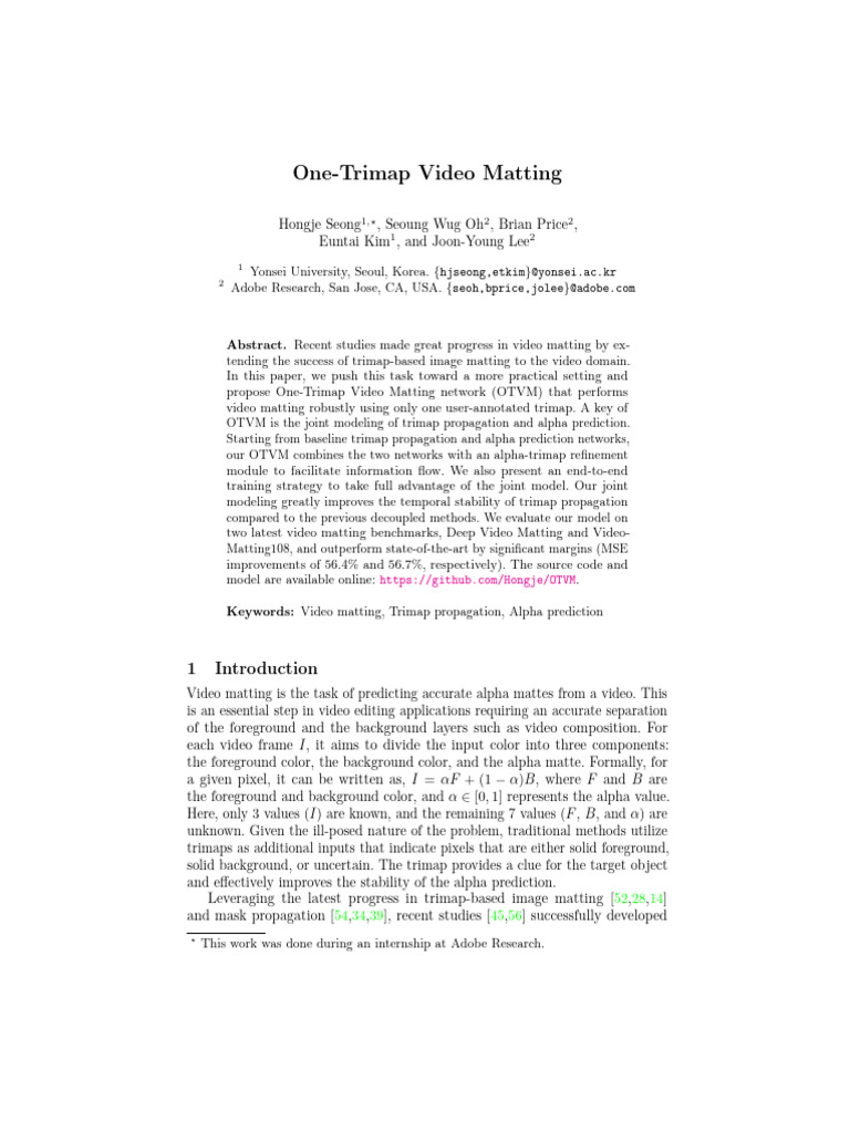 One-Trimap Video Matting | PDF | Image Segmentation