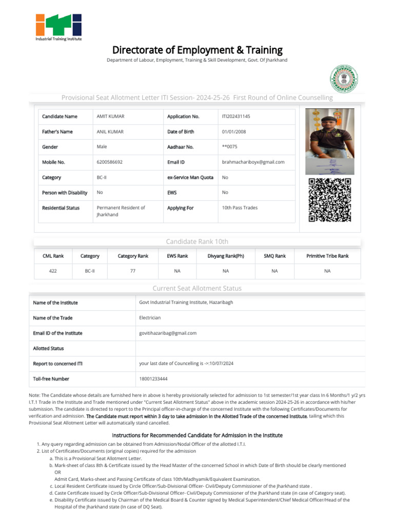 Industrial Training Institute (ITI), Admission | PDF