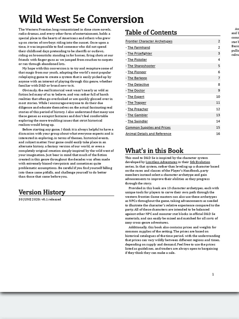 5e Wild West Conversion - GM Binder | PDF