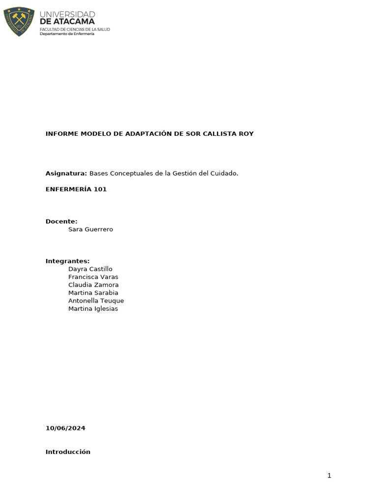 Modelo Adaptacion Sor Callista Roy G1 | PDF | Enfermería | Adaptación