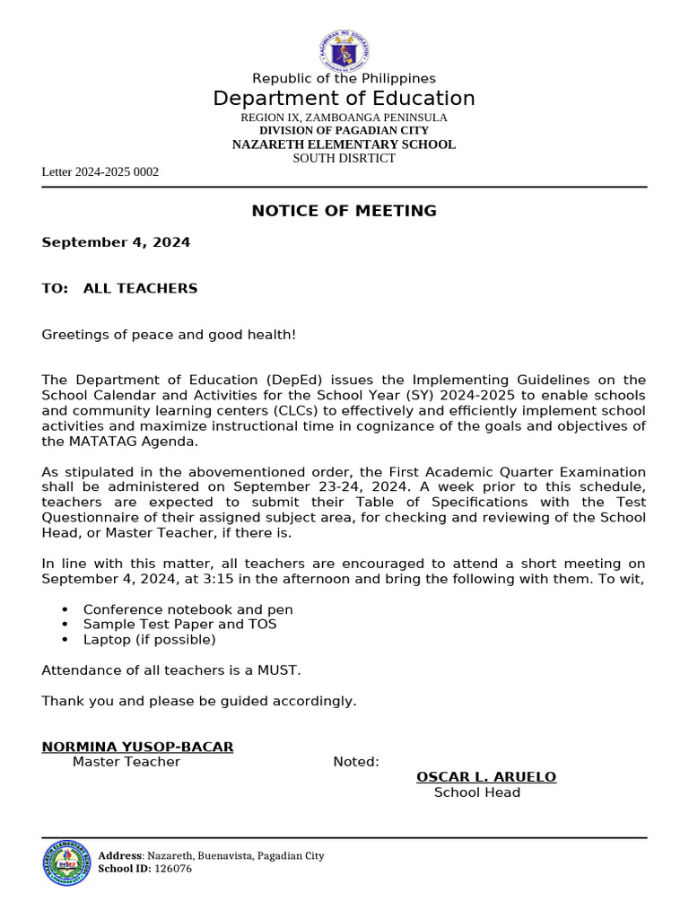 Teachers Meeting Notice for SY 2024-2025 | PDF
