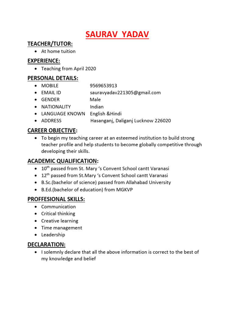 Saurav Yadav Final CV PDF | PDF | Career & Growth Saurav Yadav Final CV PDF | PDF | Career & Growth