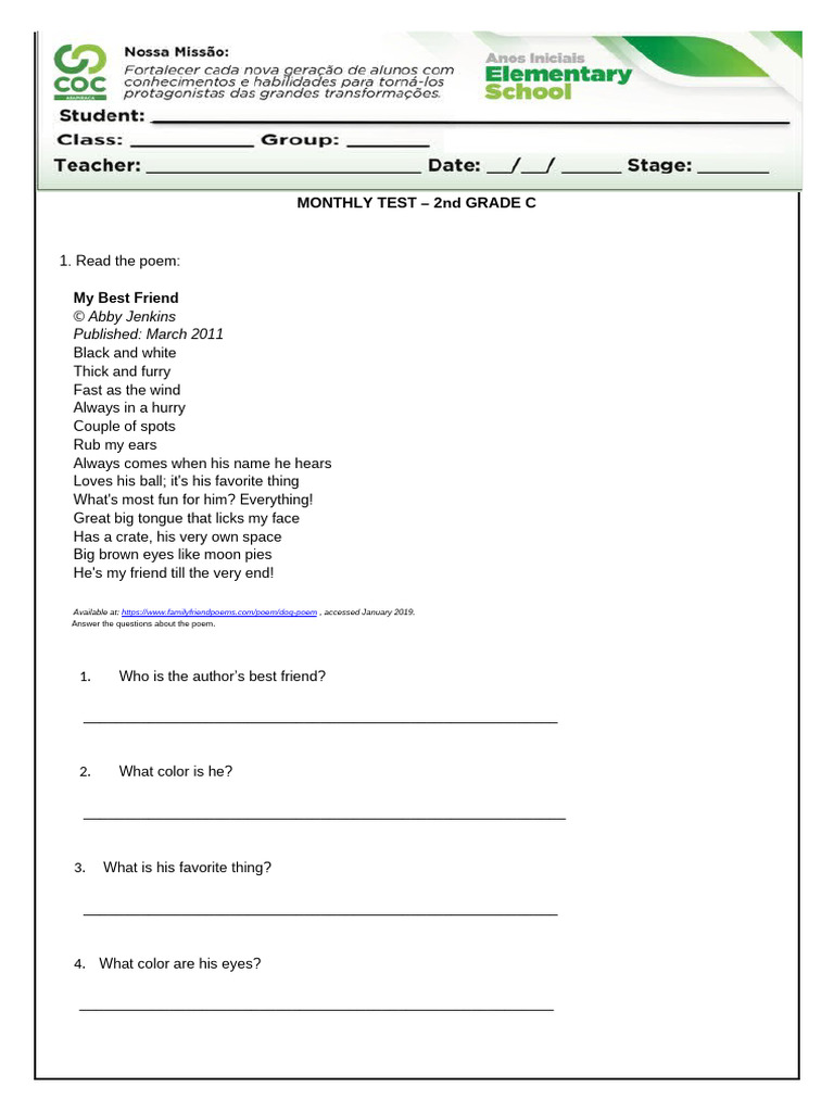2nd Grade Monthly Test: Poem & Math | PDF