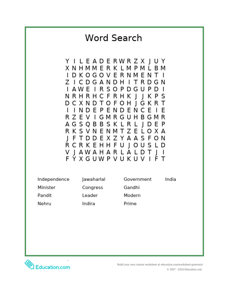 India Worksheet Wordsearch | PDF