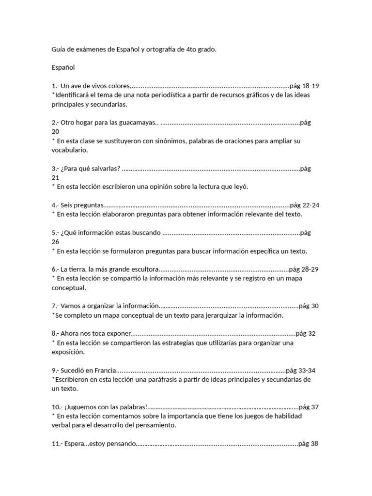 Guía de Exámenes de Español y Ortografía de 4to Grado | PDF ...