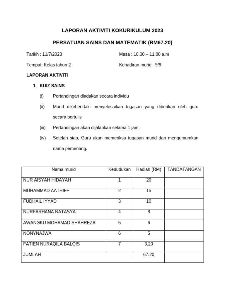 Laporan Aktiviti Kokurikulum 2022 (Bi) | PDF