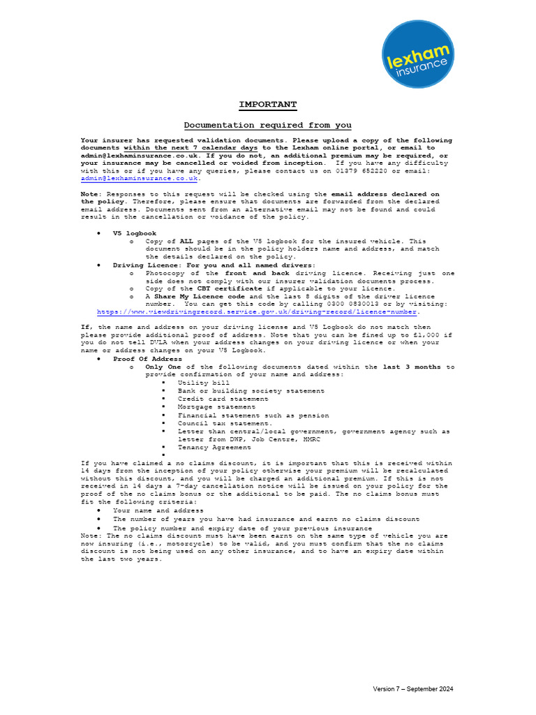 Lexham Insurance Document Requirements | PDF | Driver's License | Insurance