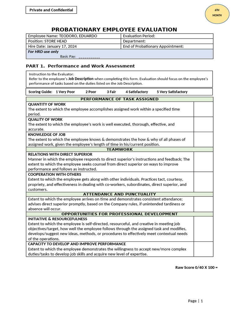 EVALUATION FORM - Teodoro, Eduardo (Store Head) | PDF | Employment ...