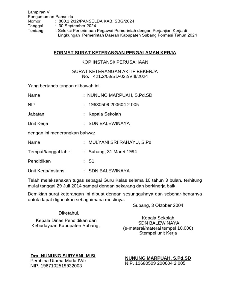 Lampiran V Format Surat Keterangan Aktif Bekerja SDN Balewinaya | PDF | Karier & Perkembangan