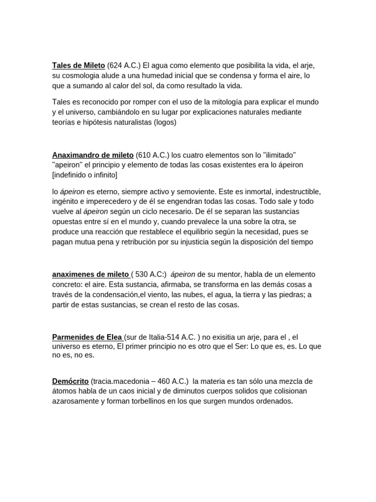 Filósofos griegos y sus arjés elementales | PDF | Filosofía griega ...