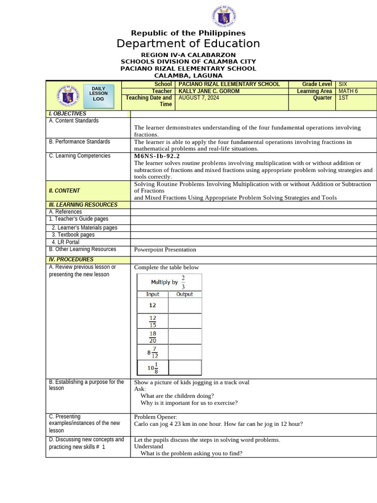 Dll Math 6-Aug 7, 2024 | PDF | Learning | Behavior Modification
