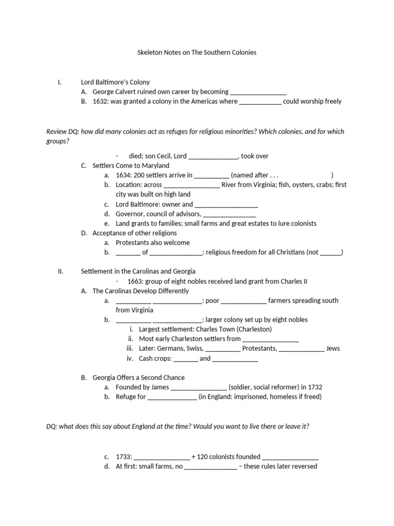 Skeleton Notes On The Southern Colonies - NI | PDF | The United States ...