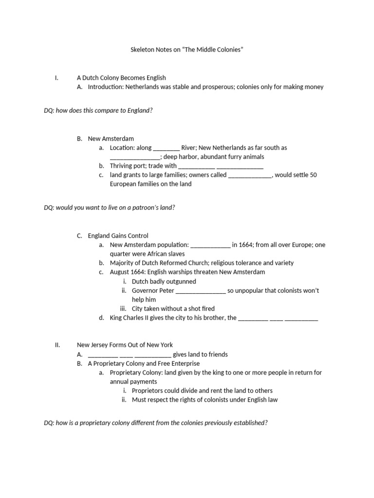 Skeleton Notes On The Middle Colonies - NI | PDF