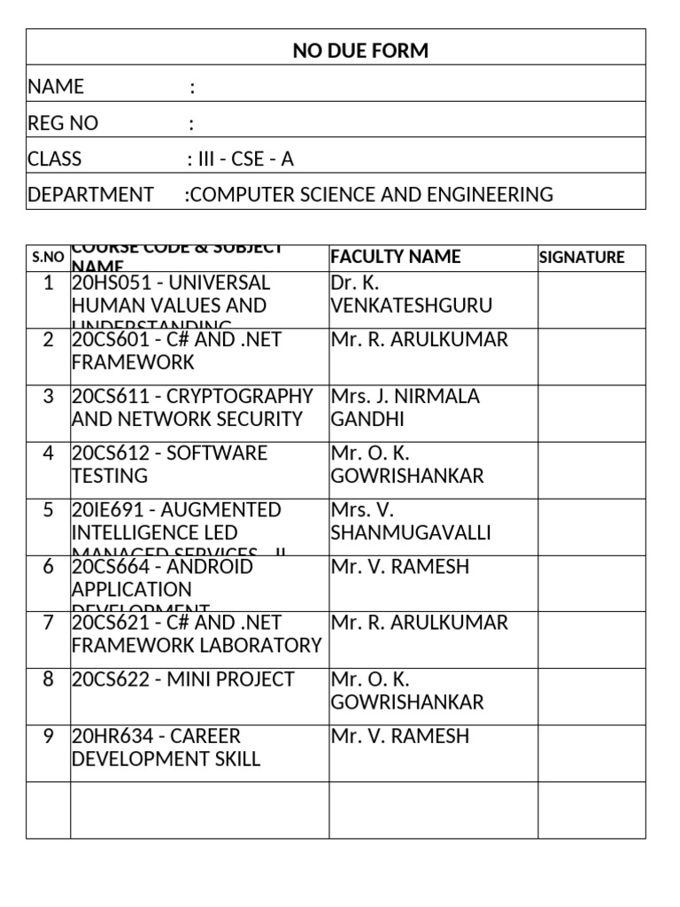 No Due Form for CSE III - A Students | PDF | Science & Mathematics