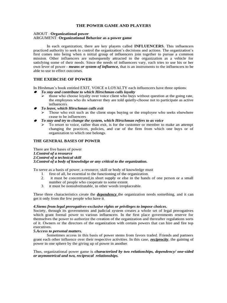 The Power Game in Organizations | PDF | Coalition | Employment